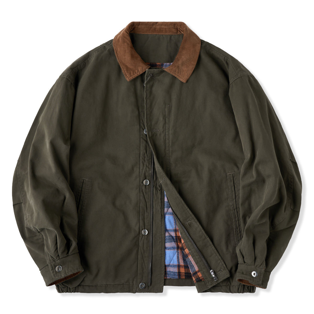 コーデュロイ襟切替 裏チェック柄キルト中綿コットンジャケット – Karakubuy